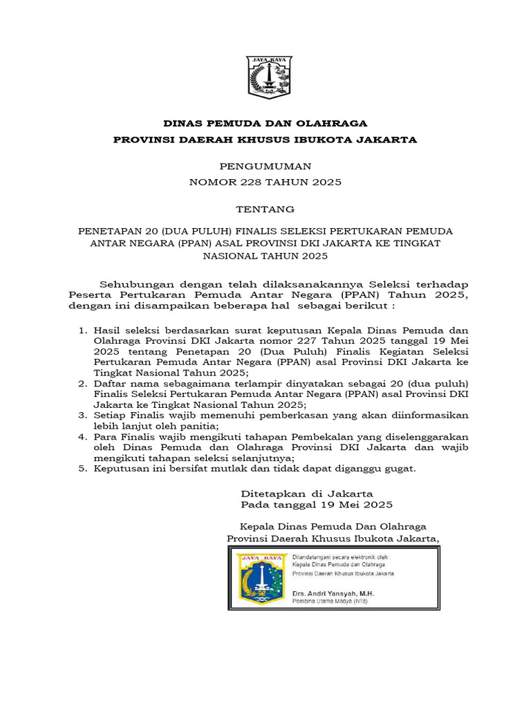SK Pengumuman 20 Finalis PPAN 2025 - Sign | PDF