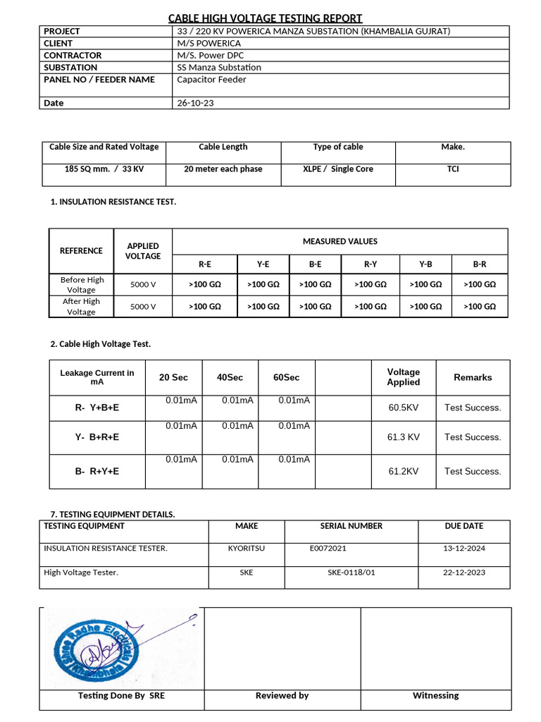 Cable HV Test Report | PDF | Insulator (Electricity) | High Voltage
