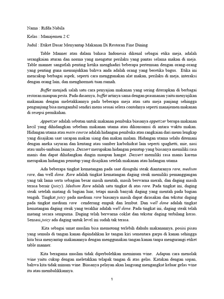 ESAI TABLE MANNER: Etiket Dasar Menyantap Makanan Di Restoran Fine ...