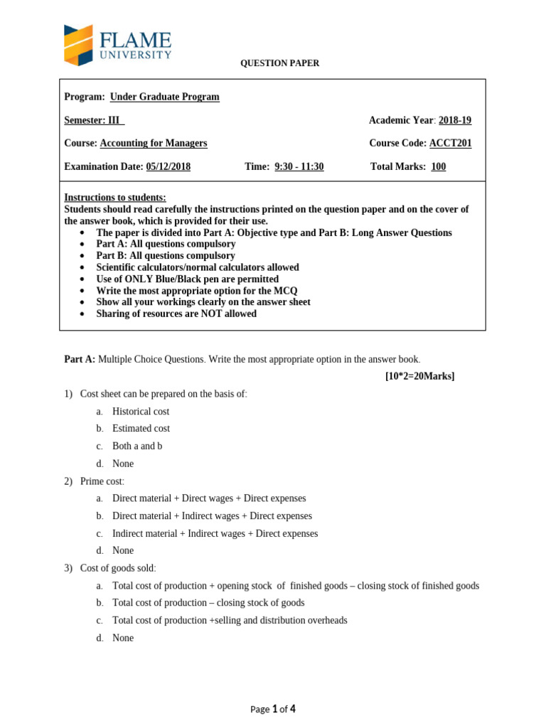 Accounting for Managers Exam Paper | PDF | Inventory | Cost Of Goods Sold