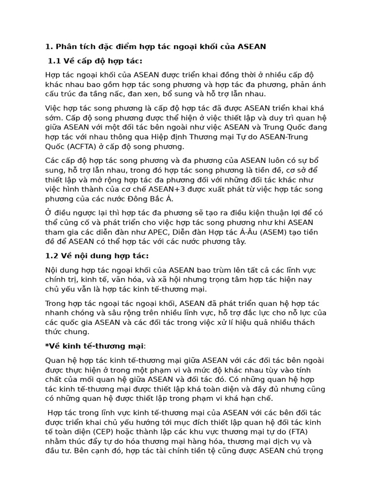 1. Phân tích đặc điểm hợp tác ngoại khối của ASEAN 1.1 Về cấp độ hợp tác | PDF