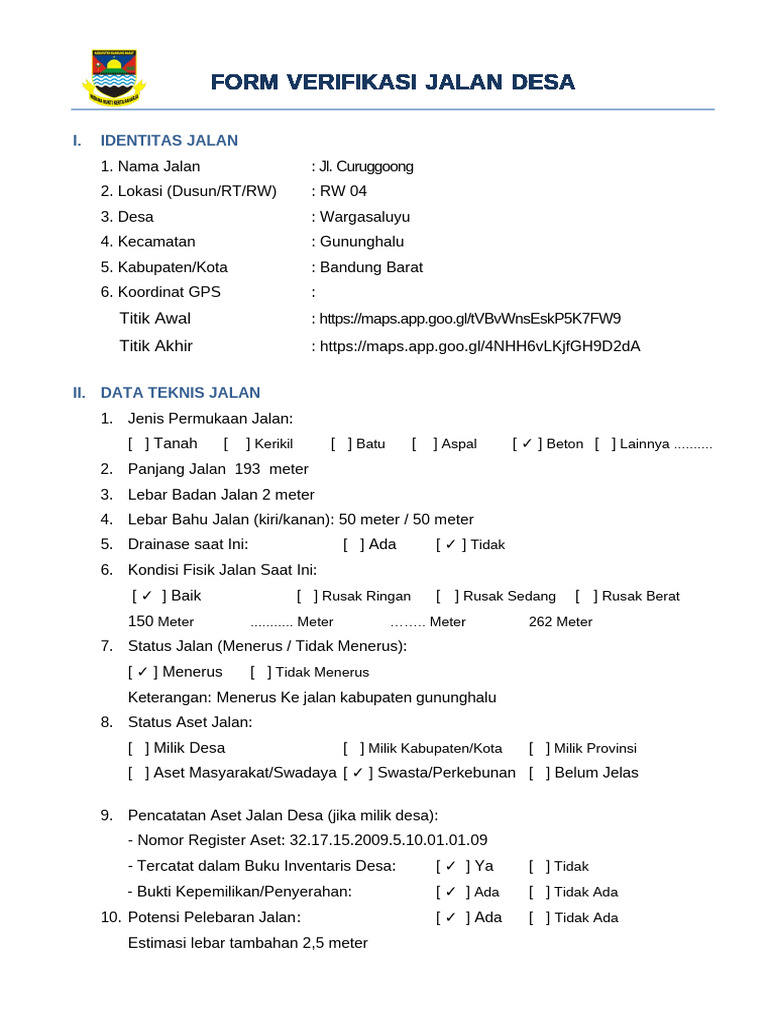 Form Pendataan Jalan Desa Jl. Curuggoong | PDF