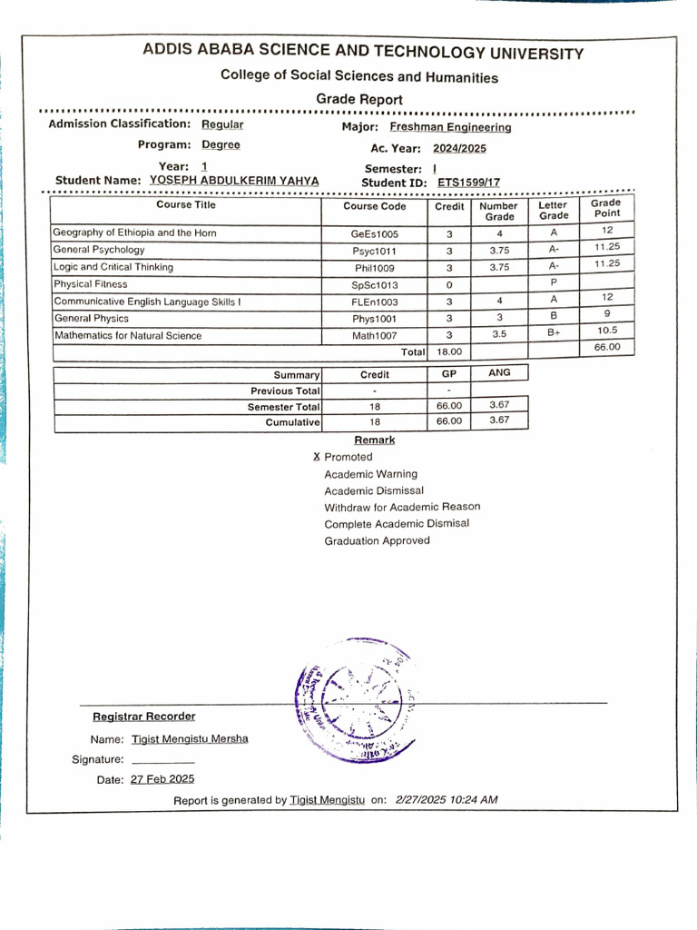 1st Year 1st Semester Report Card | PDF