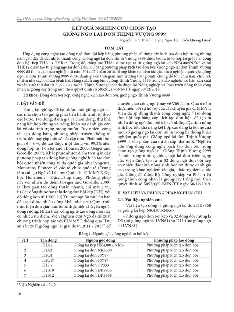 KẾT QUẢ NGHIÊN CỨU CHỌN TẠO GIỐNG NGÔ LAI ĐƠN THỊNH VƯỢNG 9999 | PDF