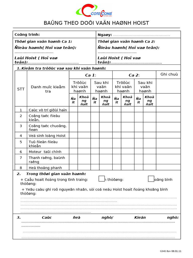 G045 Bang Theo Doi Van Hanh Hoist | PDF