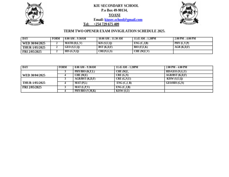 Opener Exam Term 2 2025 Invigilation Schedule | PDF