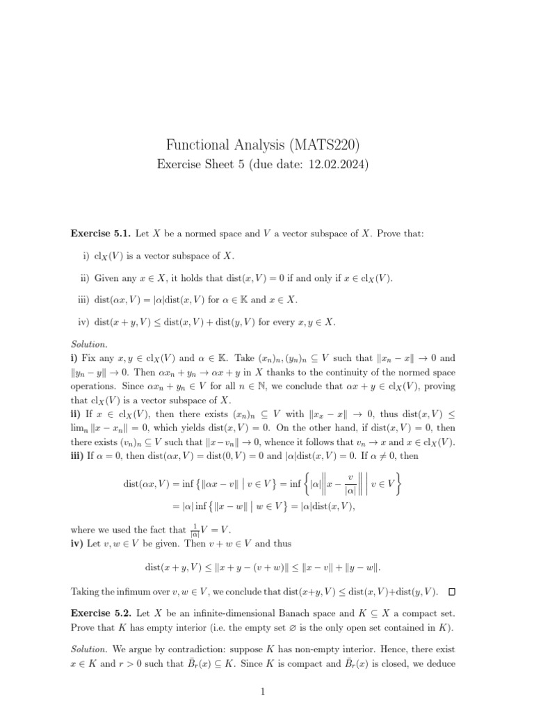 Mats220 Exercise Sheet 5 Sol Pdf Empty Set Vector Space