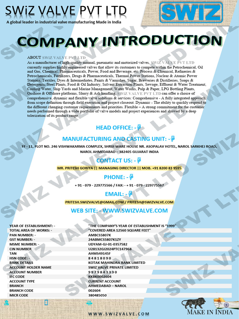 SWiZ Valve Pvt Ltd: Industrial Valve Solutions | PDF | Valve | Plumbing