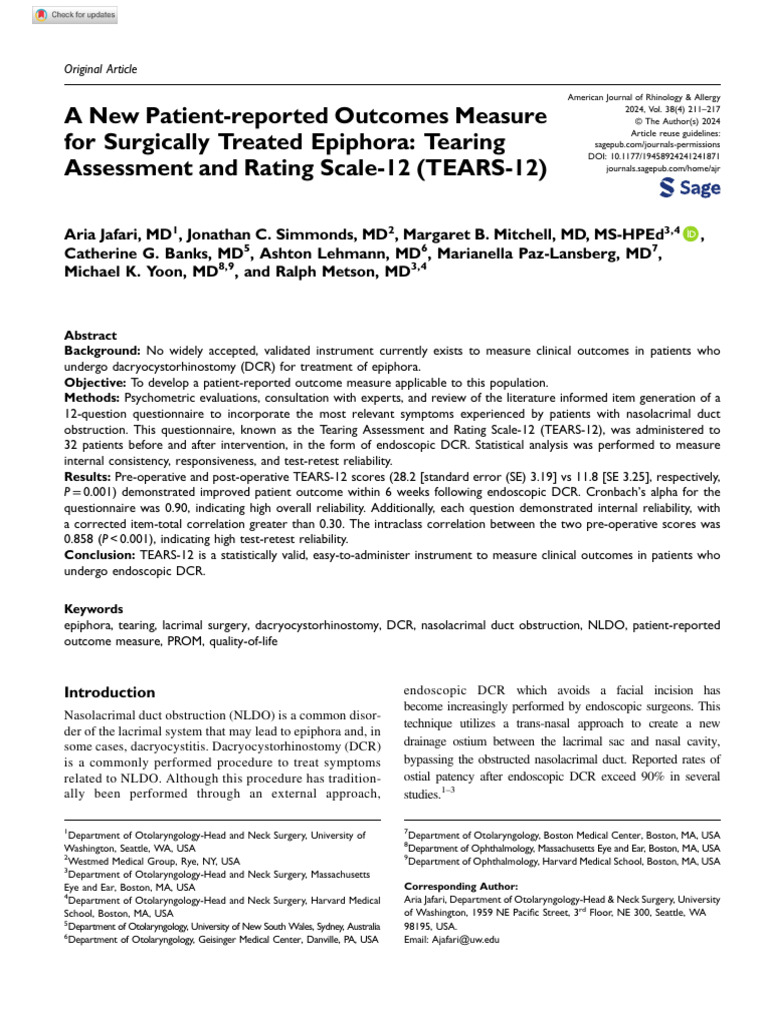 TEARS-12: New Measure for Epiphora | PDF | Diseases And Disorders