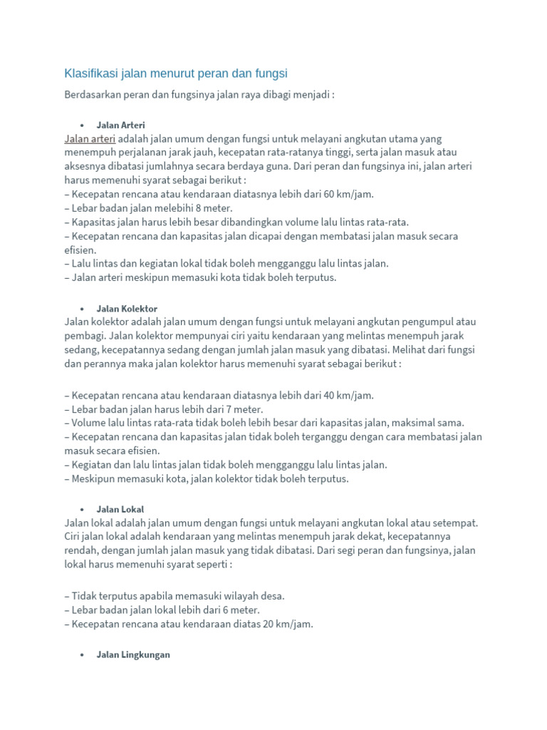 Klasifikasi Jalan Menurut Peran Dan Fungsi | PDF