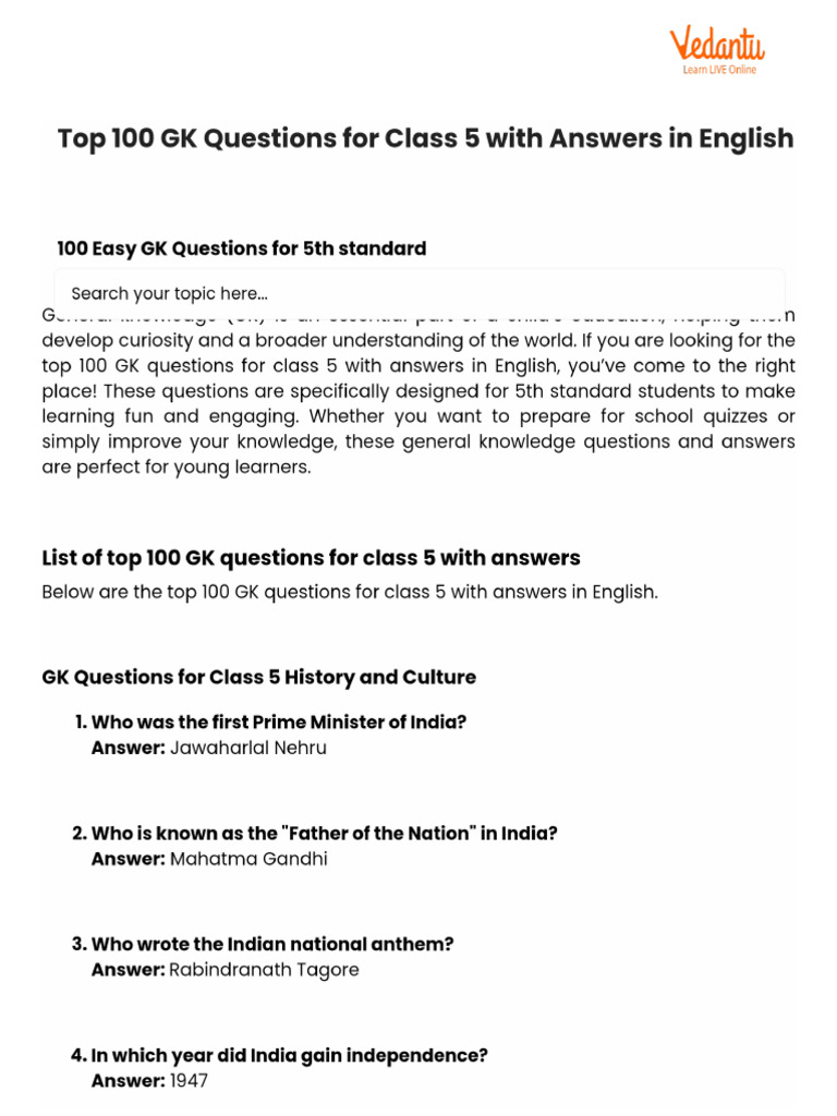 Top 100 GK Questions For Class 5 With Answers in English | PDF