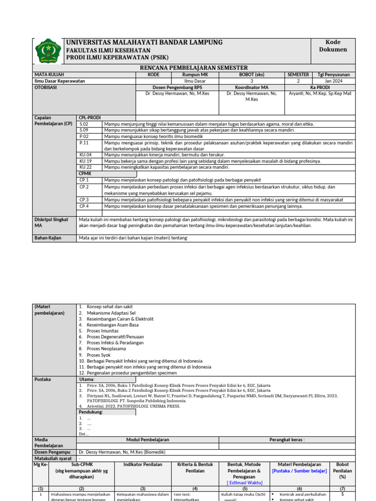 Form RPS Ilmu Dasar Keperawatan | PDF