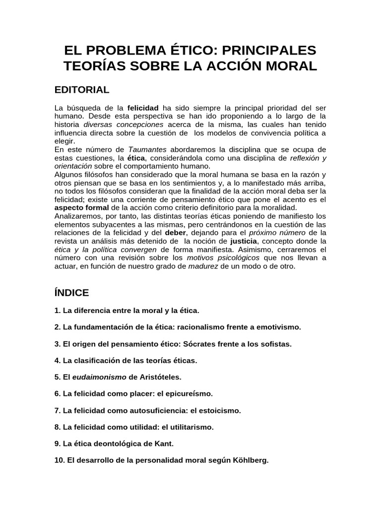 Tema 8. El Problema Ético. Principales Teorías Sobre La Moral Humana. | PDF | Moralidad ...
