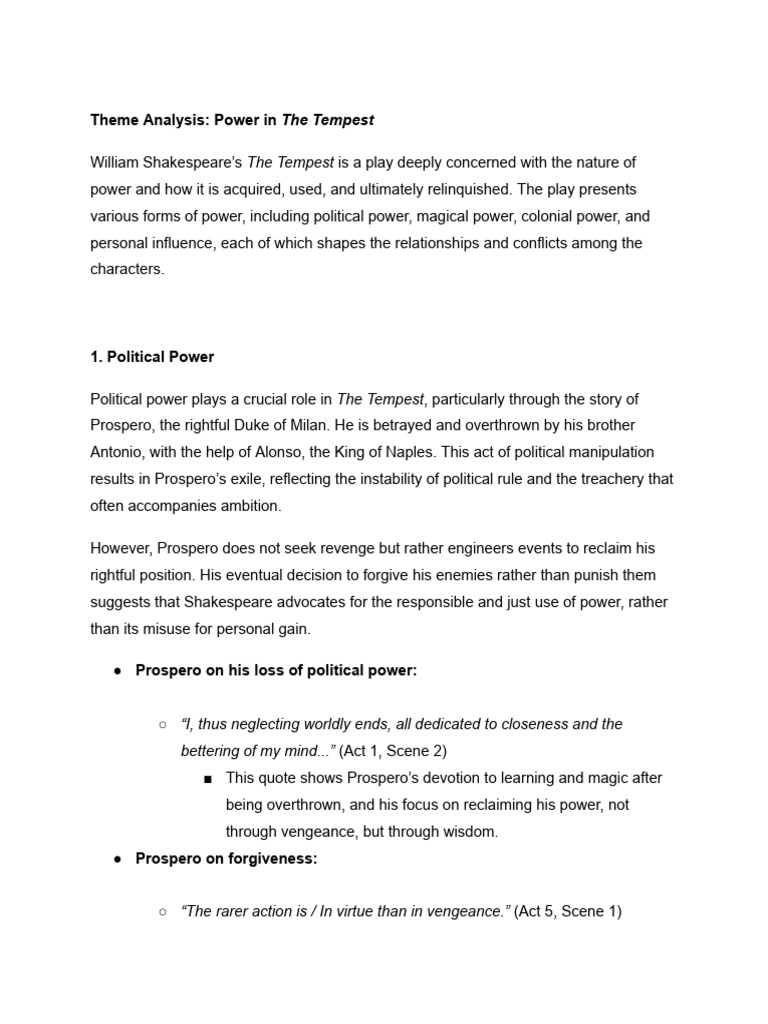 Theme Analysis - Power in The Tempest Ex 2 | PDF | The Tempest