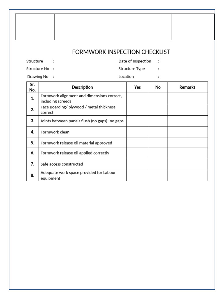 Formwork Inspection Checklist | PDF