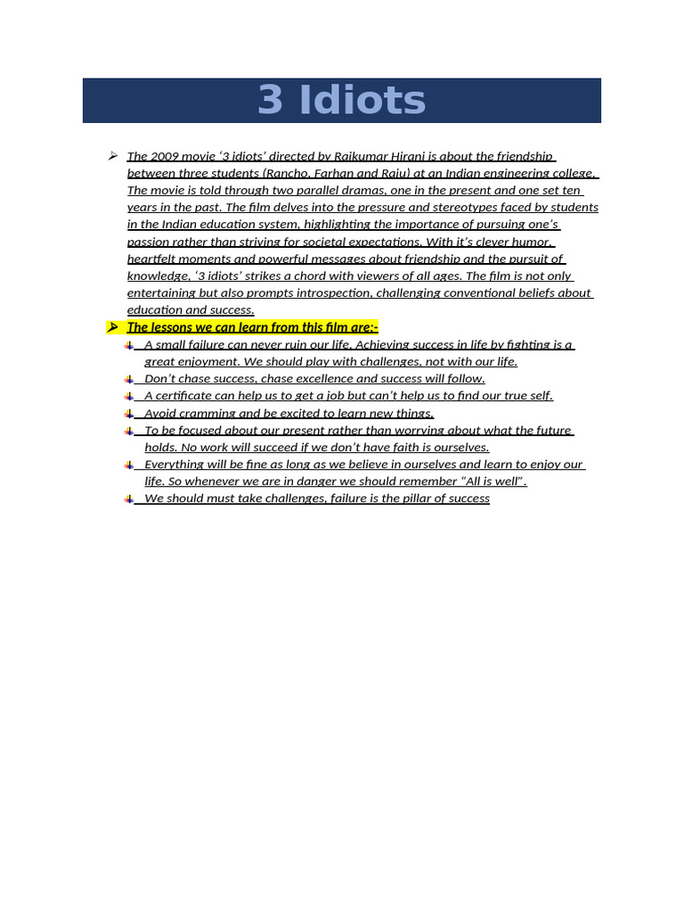 Summary On 3 Idiots | PDF