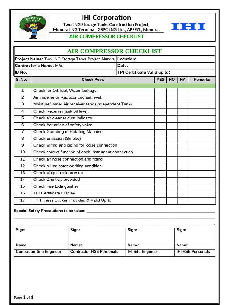 Air Compressor Checklist | PDF