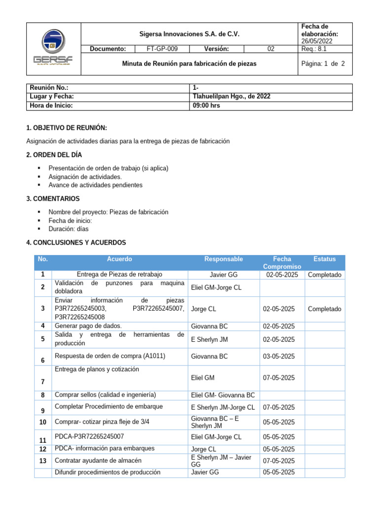 FT-GP-009 Minuta de Reunión Produccion | PDF