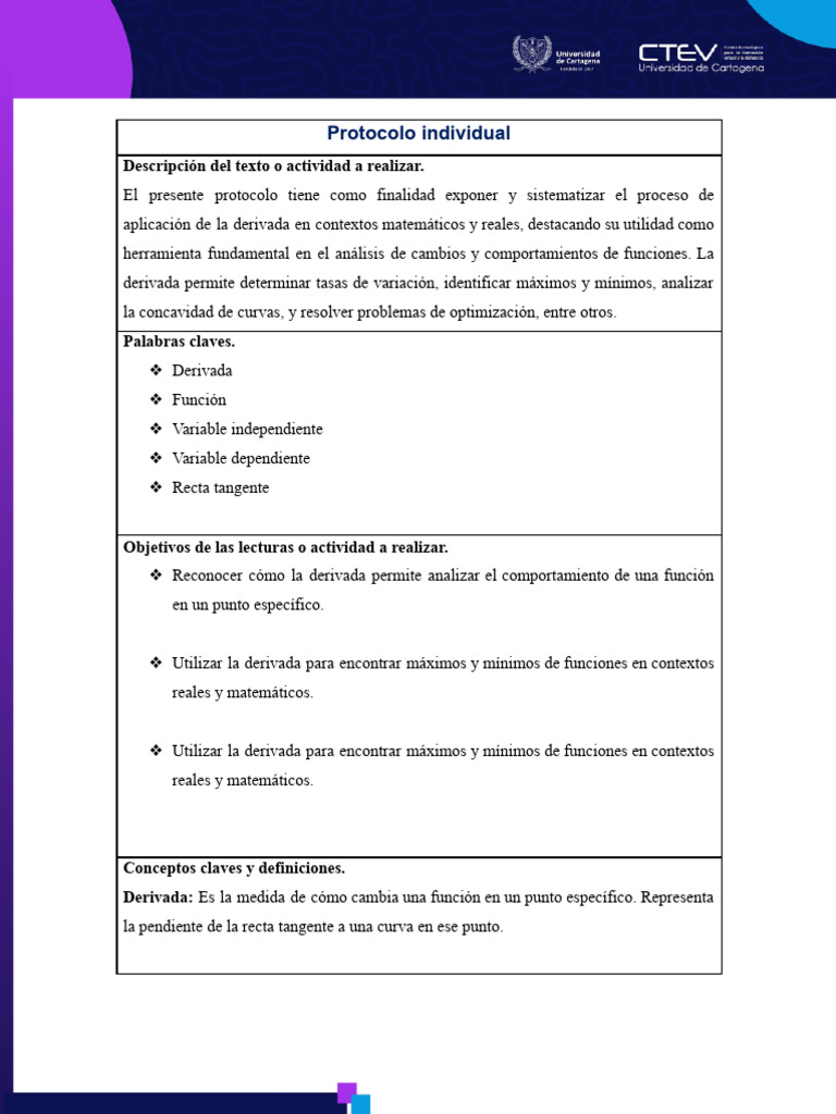 Plantilla Protocolo Individual | PDF | Derivado | Análisis matemático
