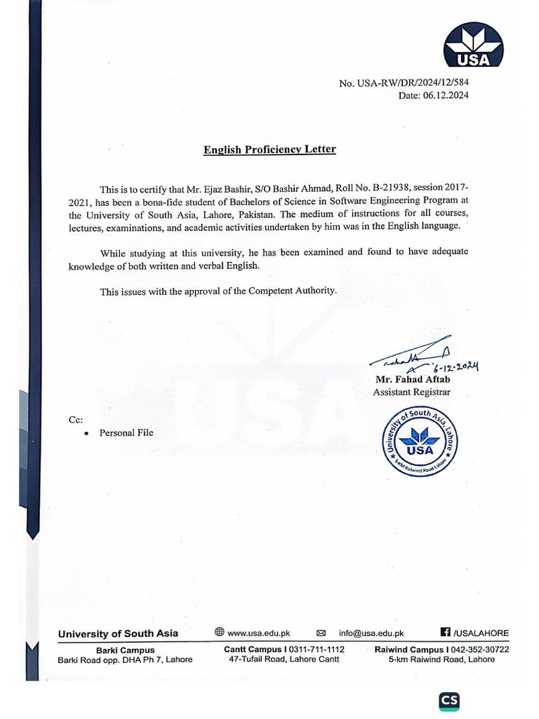 English Proficiency Letter | PDF