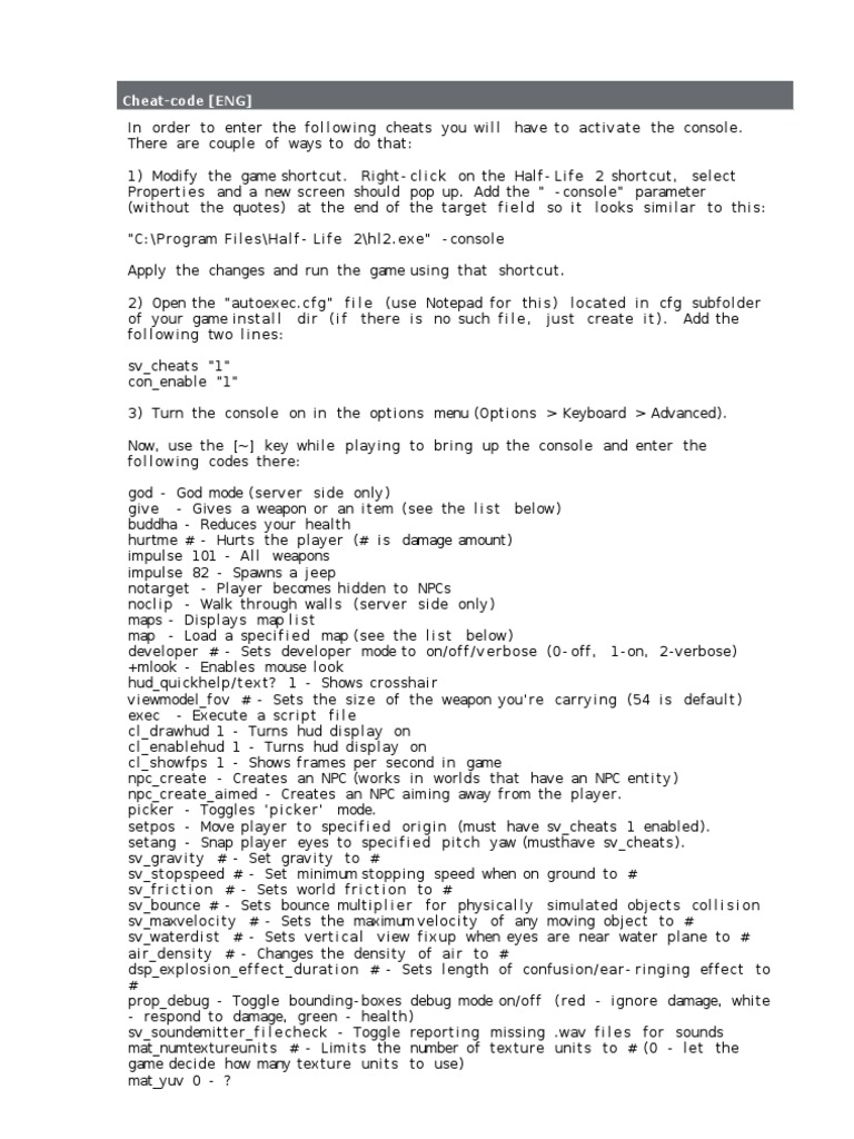 A Comprehensive Guide to Cheat Codes and Console Commands in Half-Life ...