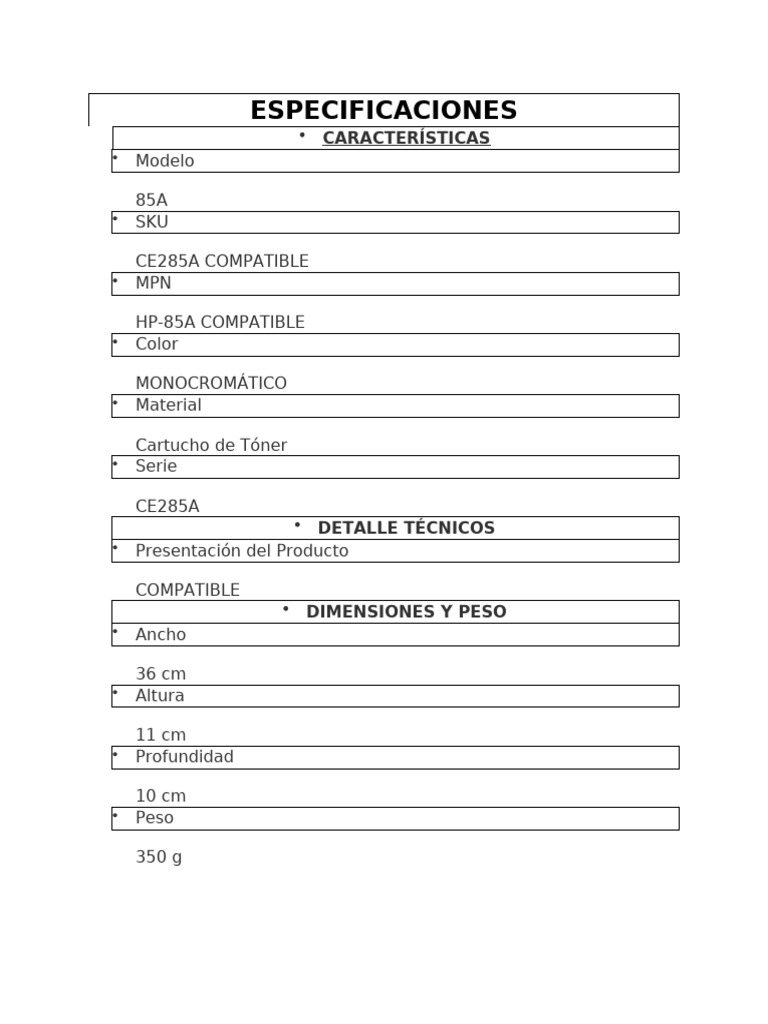 Especificaciones Tecncias de Toner 85a | PDF