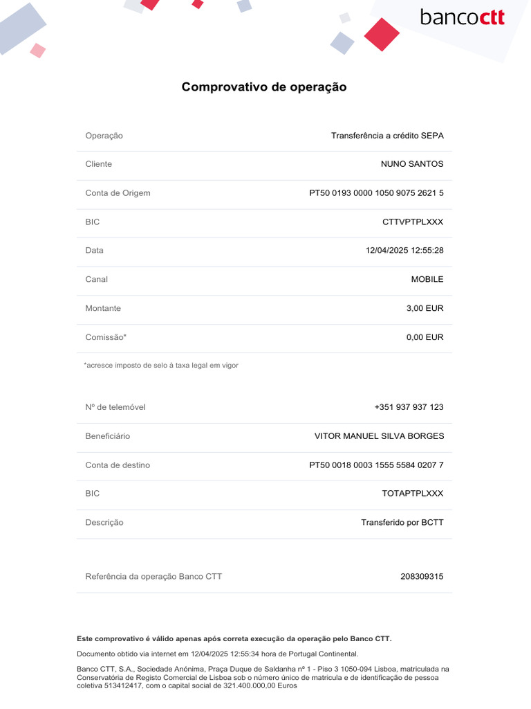 Banco CTT - Comprovativo Transferência – 20250412 | PDF