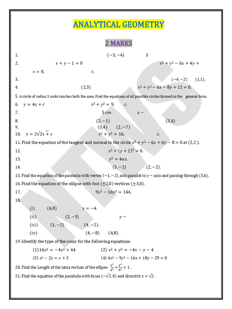 Analytical Geometry Question Bank-1 | PDF | Ellipse | Circle