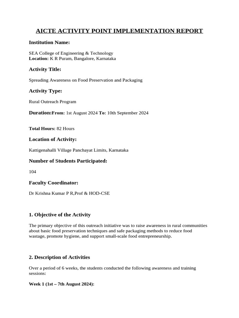 Aicte Activity Point Implementation Report On Foor Preservation and ...