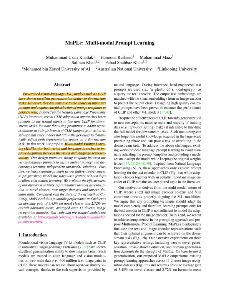 Multi-modal Prompt Learning (MaPLe) | PDF | Data Compression | Machine ...