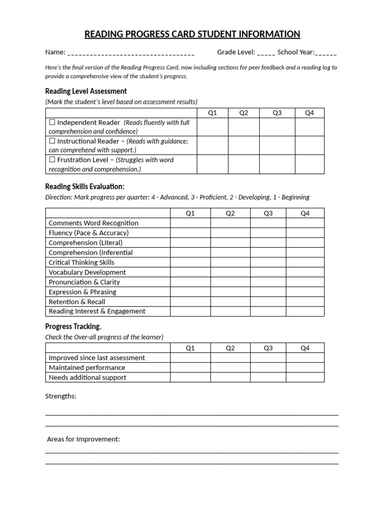 READING PROGRESS CARD Contextualized Version | PDF | Reading ...