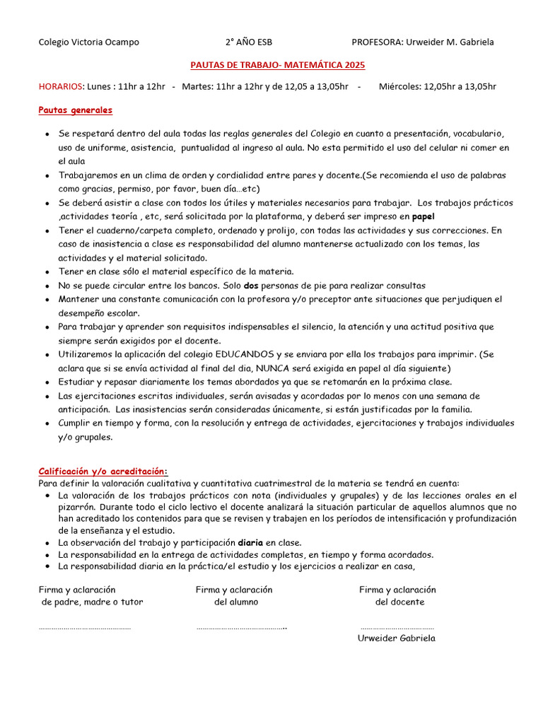 2 Pautas de Trabajo 2025 | PDF | Salón de clases | Aprendizaje