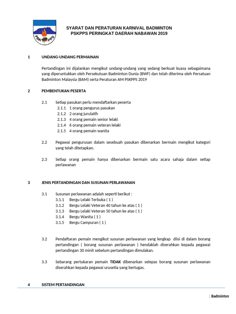 Syarat Dan Peraturan Karnival Badminton PSKPPS Peringkat Nabawan 2019 | PDF