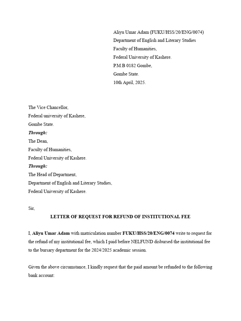 Request for Institutional Fee Refund | PDF
