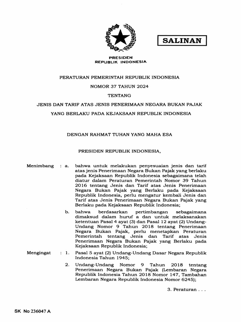 PP No 37 THN 2024 TTG Jenis Dan Tarif PNBP Pada Kejaksaan | PDF