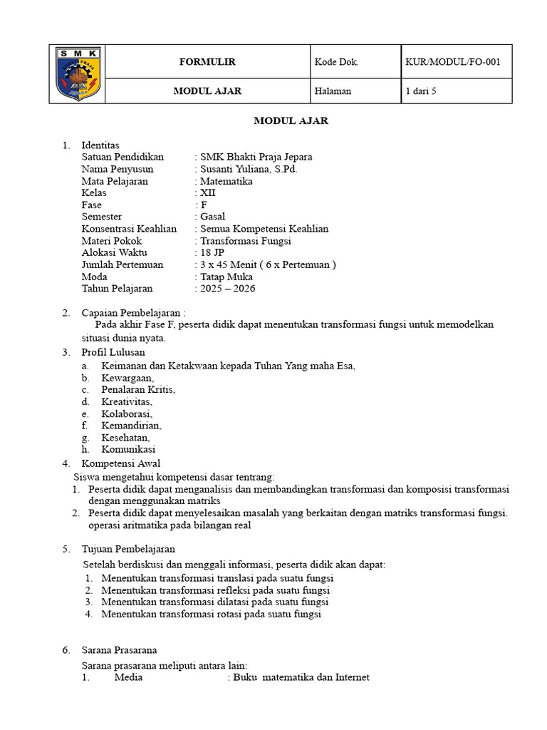FO 1 - Modul Ajar Transformasi Fungsi | PDF