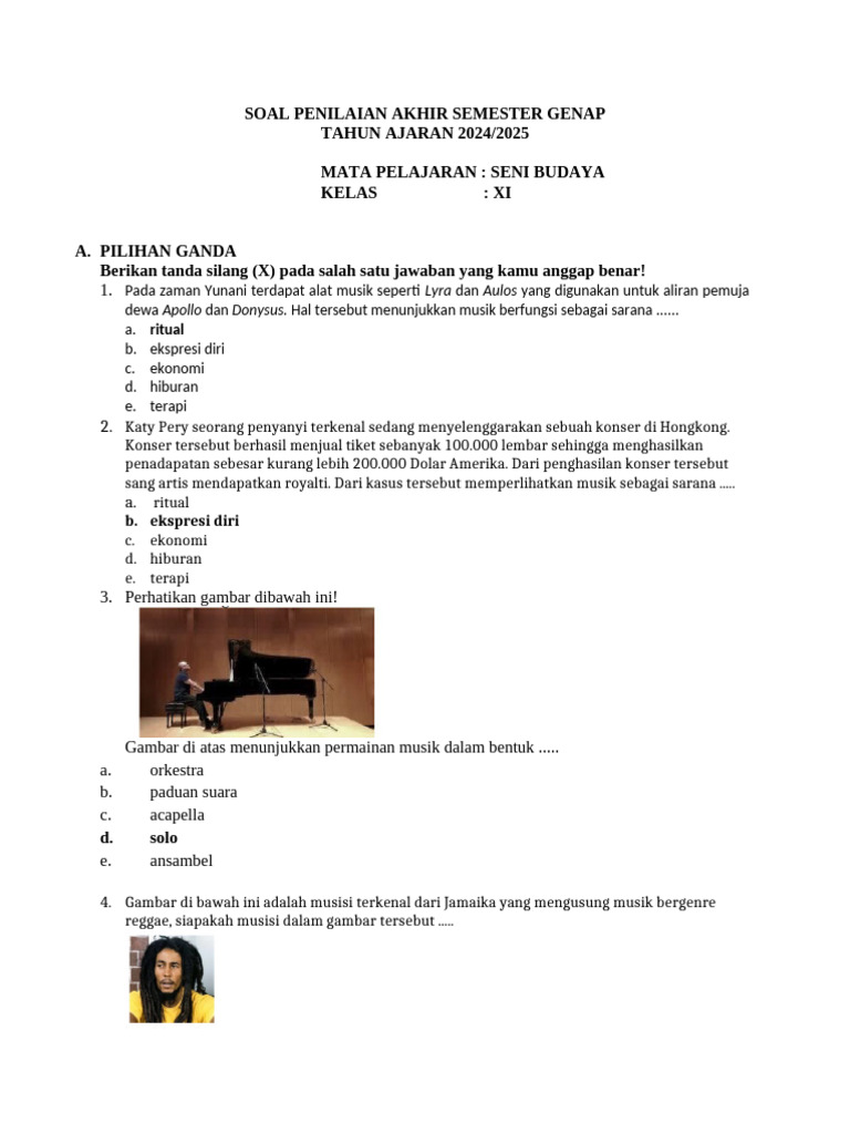 SOAL SENI BUDAYA KELAS XI Genap | PDF