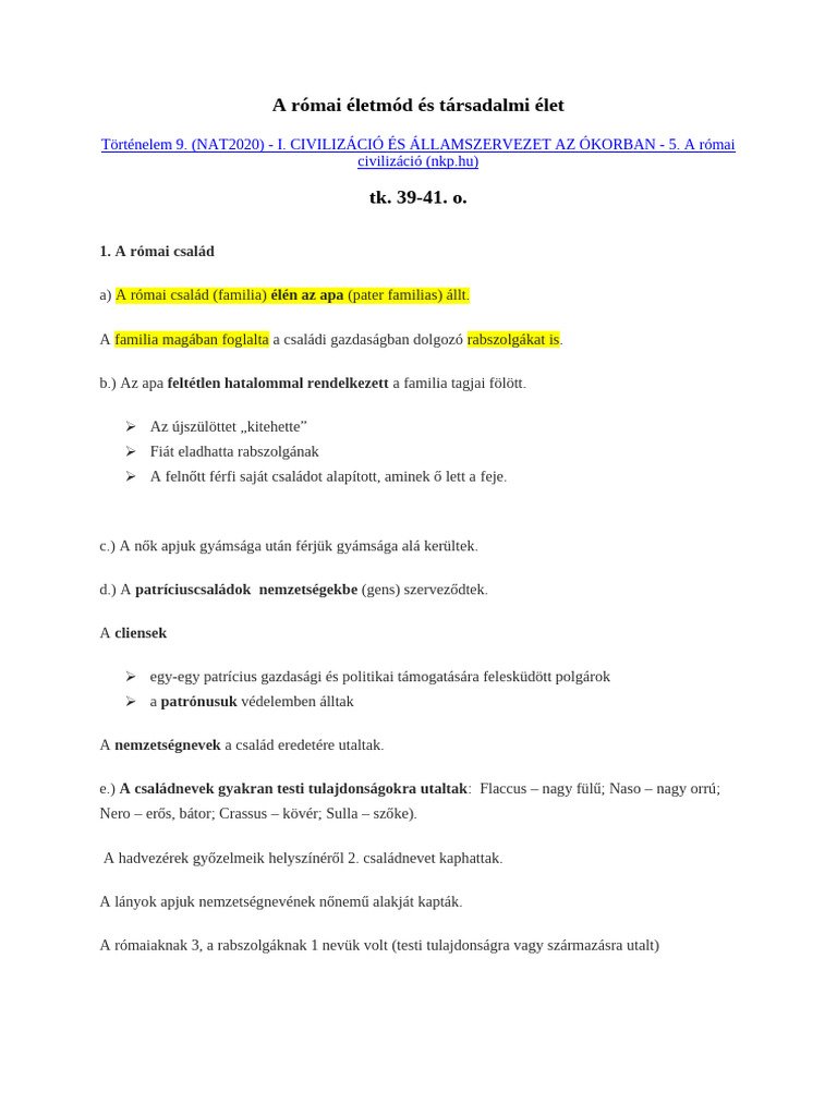 A Római Életmód És Társadalmi Élet | PDF
