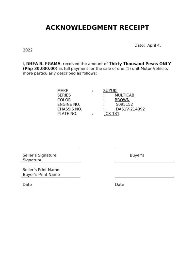 Acknowledgment Receipt: Rhea B. Egama Thirty Thousand Pesos ONLY (PHP ...