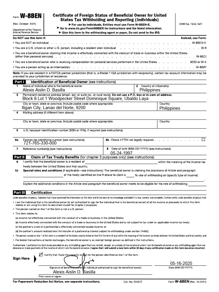 W-8BEN Form | PDF