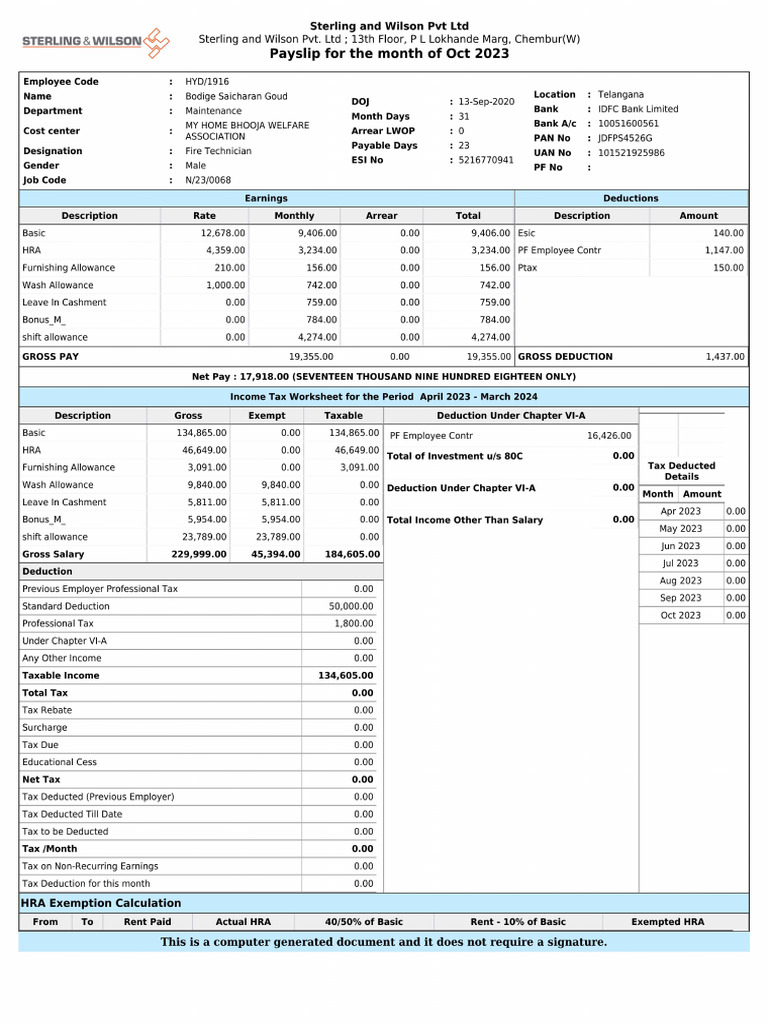 Pay Slips Saicharan | PDF