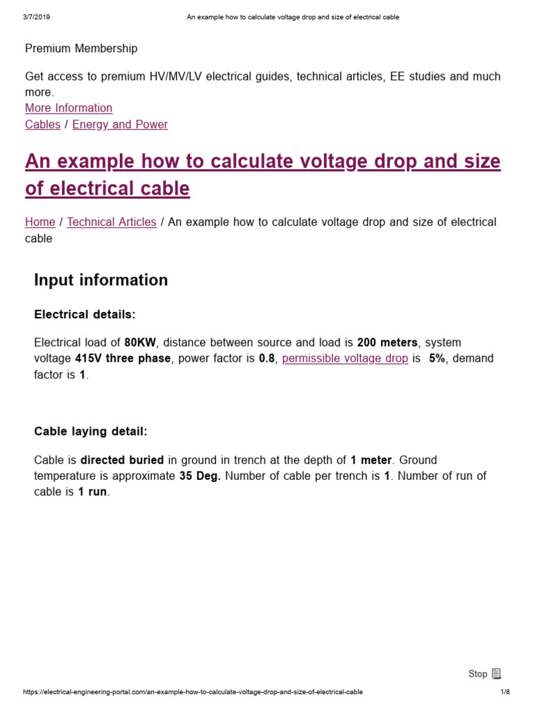 An Example How To Calculate Voltage Drop and Size of Electrical Cable ...