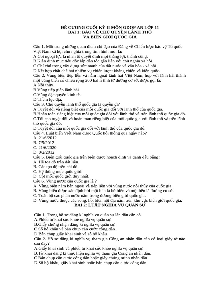 ĐỀ CƯƠNG Quốc PhòngCK2_K11 | PDF