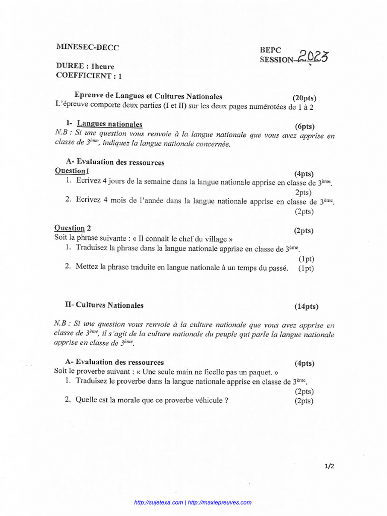 Bepc 2023 Langues Cultures Nationales | PDF