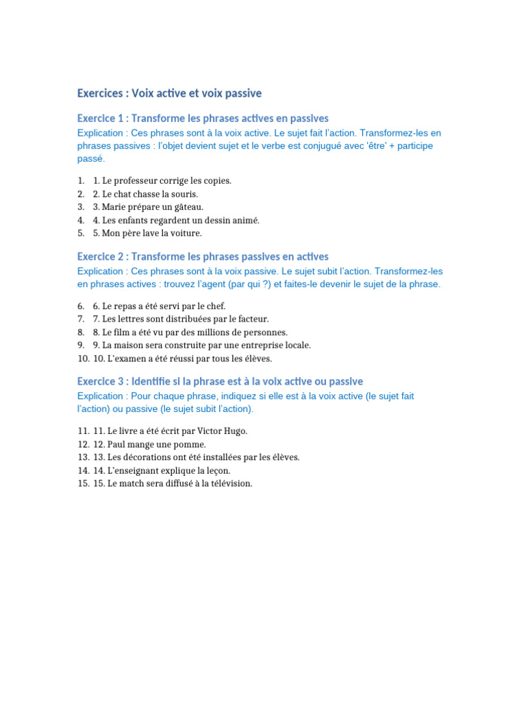 Exercices sur voix active et passive | PDF