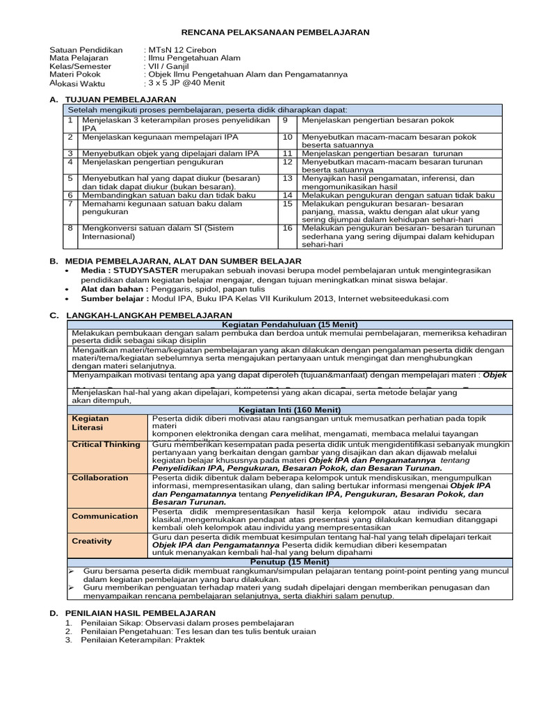 RPP 1 Lembar Ipa Kelas 7 | PDF