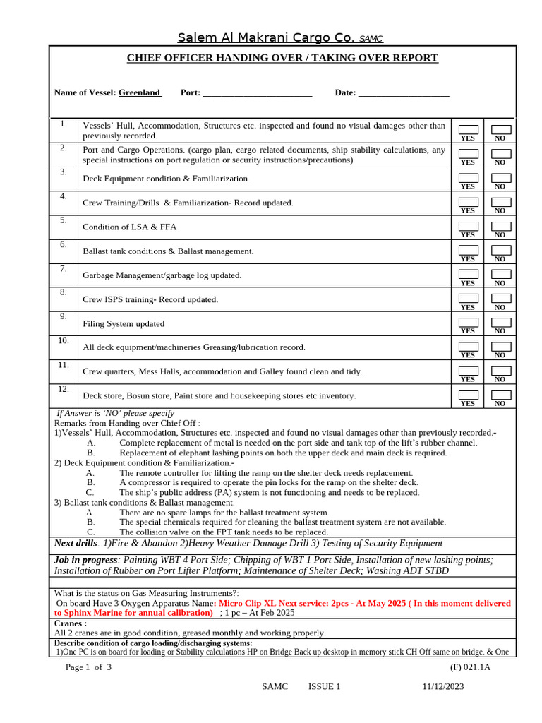 (F) 021.1A Chief Officer HANDING OVER | PDF | Shipping