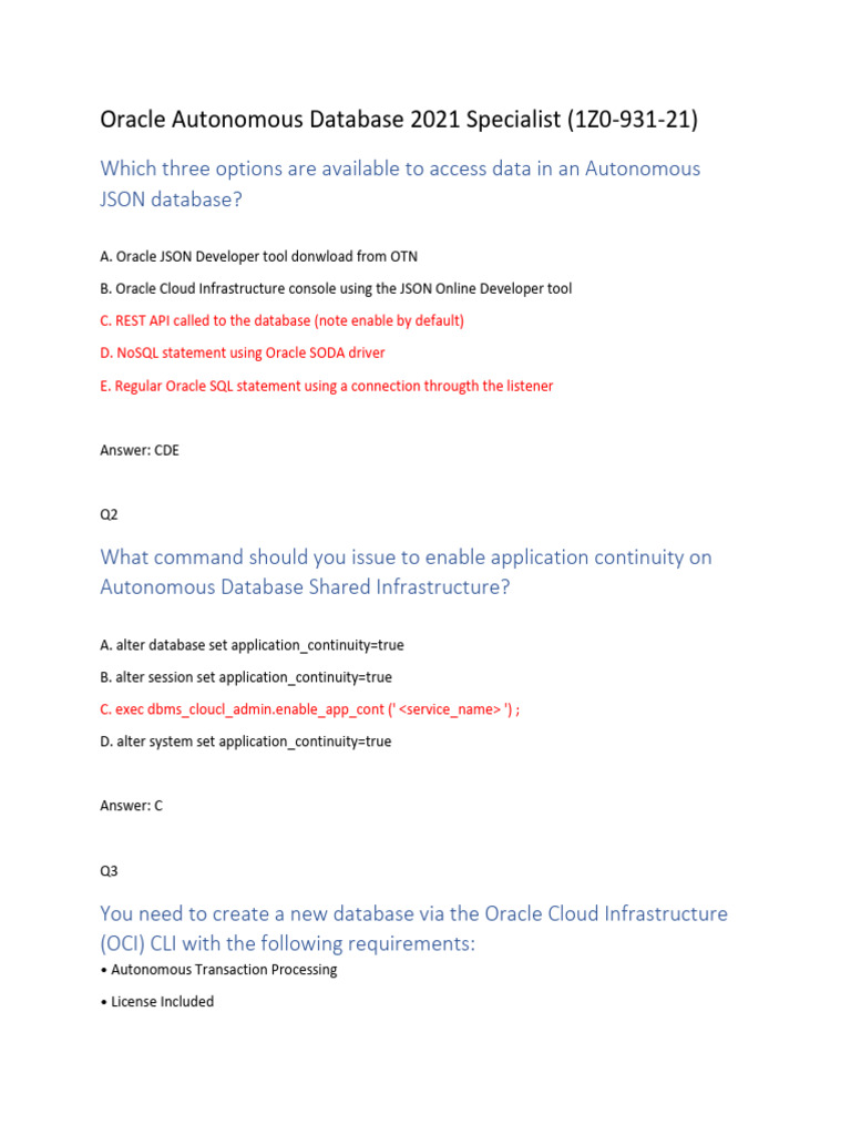 Oracle Autonomous Database 2021 Specialist 1Z0 931 21 Dump | PDF | Databases | Cloud Computing