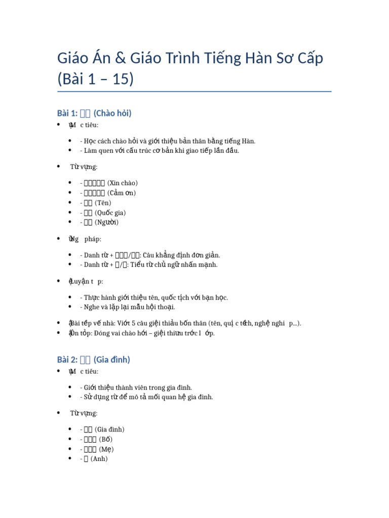 Giao An Giao Trinh Tieng Han So Cap Chi Tiet | PDF