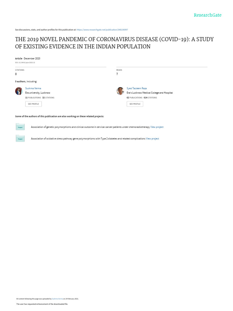 The 2019 Novel Pandemic of Coronavirus Disease Cov | PDF | Virus | Mesenchymal Stem Cell